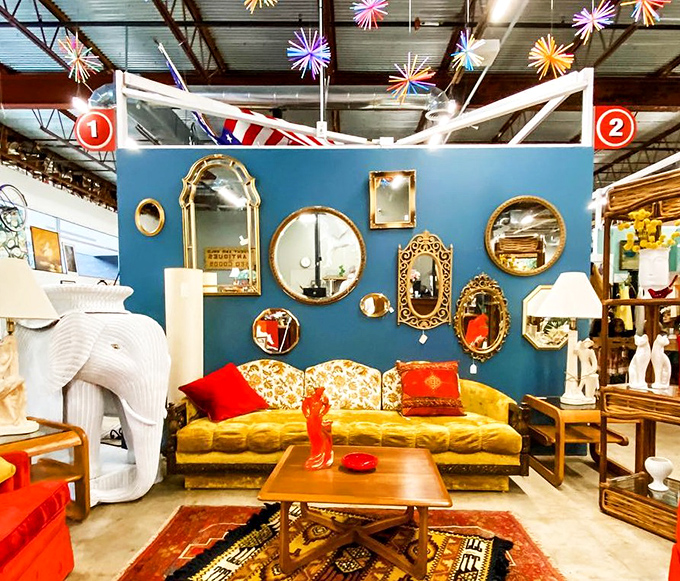 A wall of mirrors that would make Alice wonder which one leads to Wonderland. Your selfie game just got a vintage upgrade. 