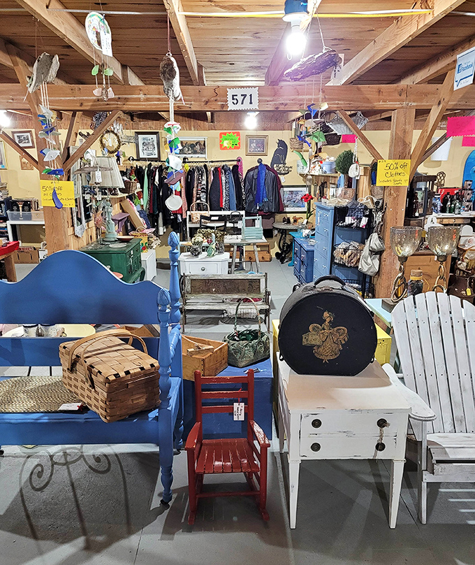 A symphony of vintage furniture where each piece whispers tales of dinner parties past. That blue bench is practically begging to come home with you.