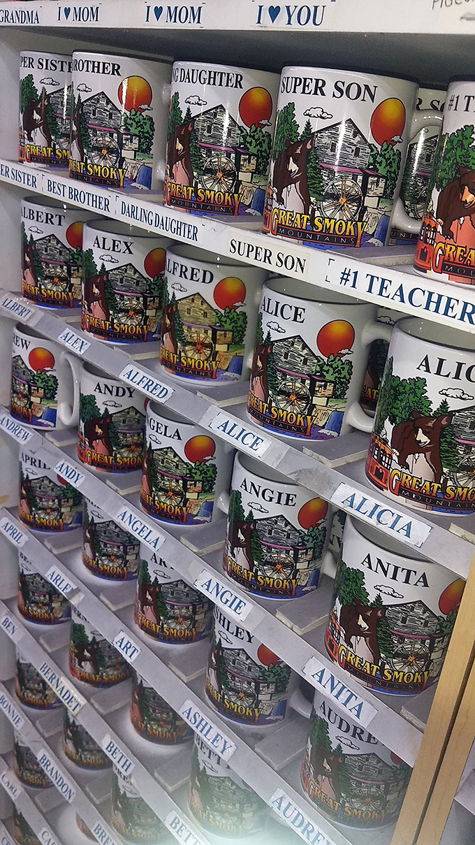 Not just mugs, but personalized memory vessels. Nothing says "I conquered the Smokies" like sipping coffee from a souvenir with your name on it.