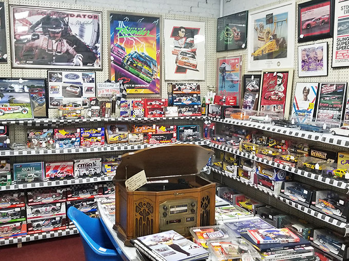NASCAR heaven complete with checkered flag trim. That vintage record player has probably spun "Life in the Fast Lane" more than once.