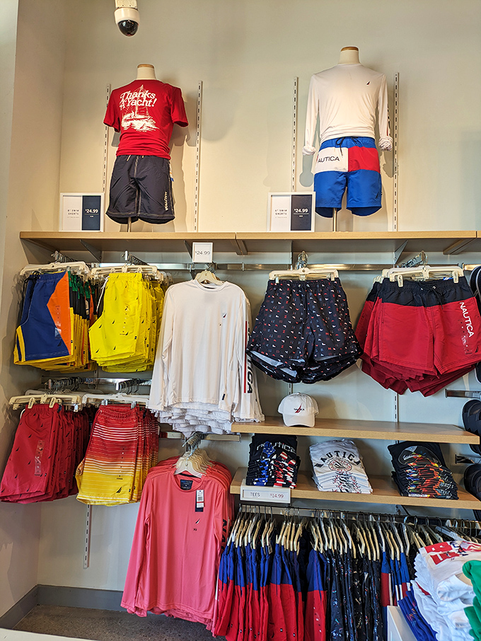 Summer vibes all year round! Nautica's colorful display of swim trunks and casual wear brings beach energy regardless of the actual season.