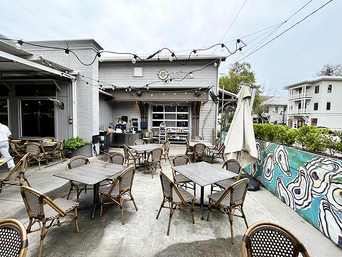 Outdoor dining at its most charming&mdash;where string lights and conversation flow freely. The perfect spot to savor both local cuisine and Bluffton's gentle evening breezes.
