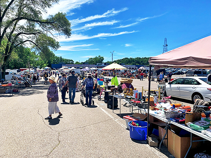 When Michigan weather cooperates, the outdoor market transforms the parking lot into a community treasure hunt.