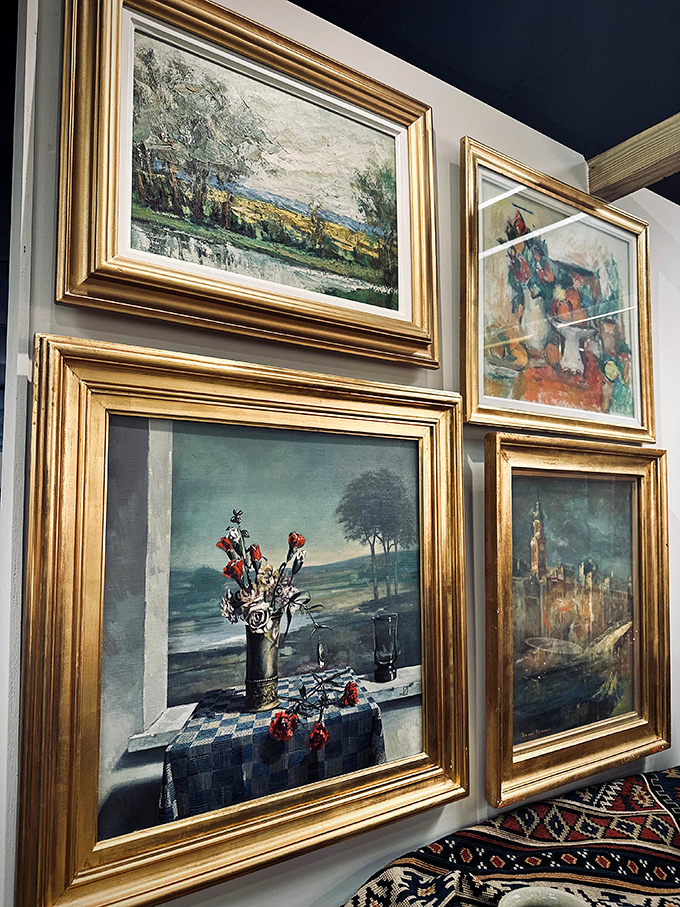 Gallery walls where forgotten landscapes and still lifes wait for second chances. Someone's attic castoff becomes your living room centerpiece.