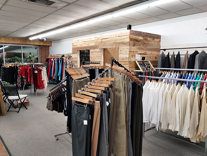 Men's clothing displayed with unexpected elegance &ndash; proof that secondhand shopping doesn't mean sacrificing style or organization.