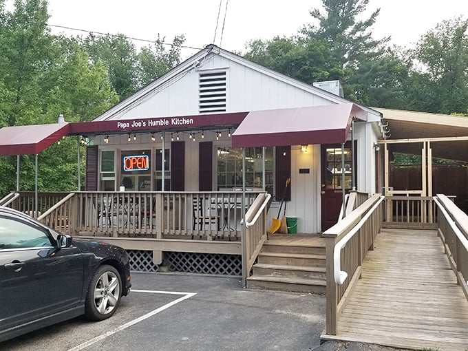Papa Joe's humble wooden deck and ramp lead to a kitchen where "humble" describes the atmosphere, not the flavor ambitions. 