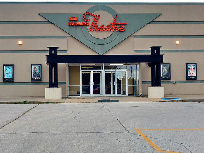 The Parsons Theatre's retro marquee promises entertainment without requiring a second mortgage for popcorn and a drink.