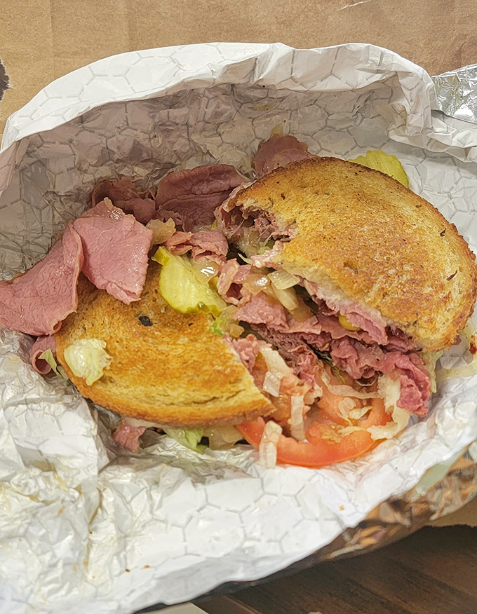 A pastrami sandwich that would make a New Yorker weep with joy. The toasted bread provides the perfect crunch counterpoint.