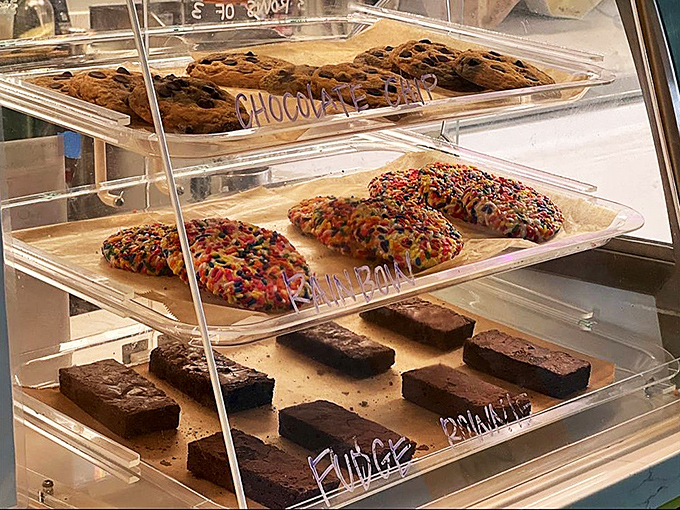 The display case reveals the supporting cast of Fat Cat's sweet ensemble—cookies with rainbow sprinkles upstaging even the fudge brownies below.