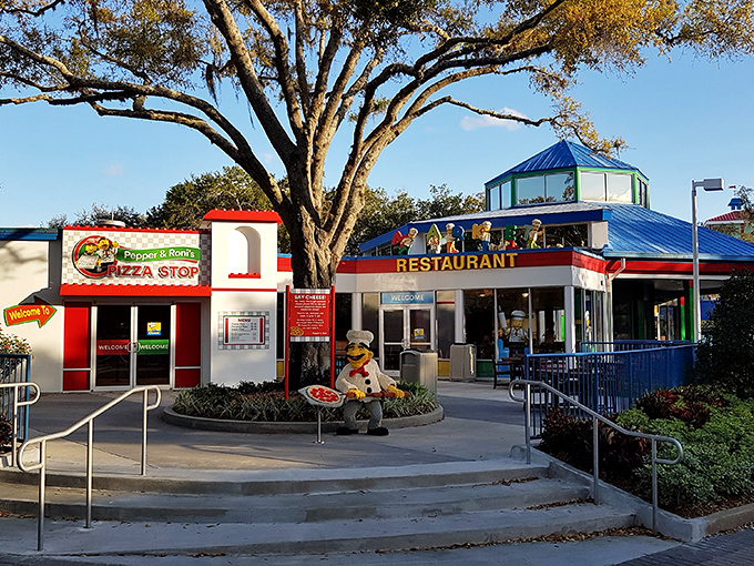 Pepper & Roni's Pizza Stop brings family dining to LEGOLAND with colorful charm. Even the cartoon chef seems to be saying, "Yes, you can afford to eat here!"