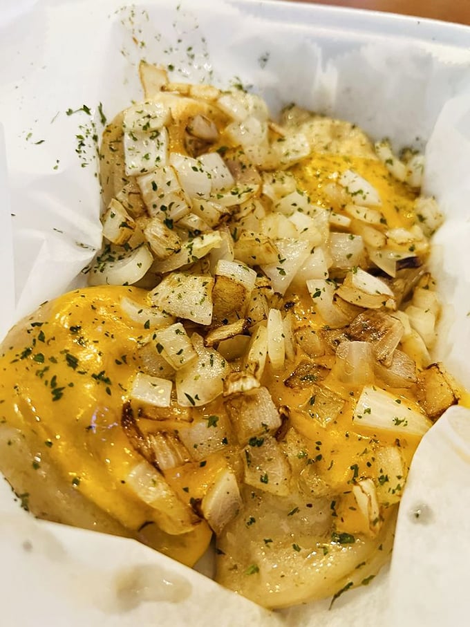 Pierogi paradise! These potato pockets swim in melted cheese and caramelized onions &ndash; Cleveland's Eastern European heritage on a plate.