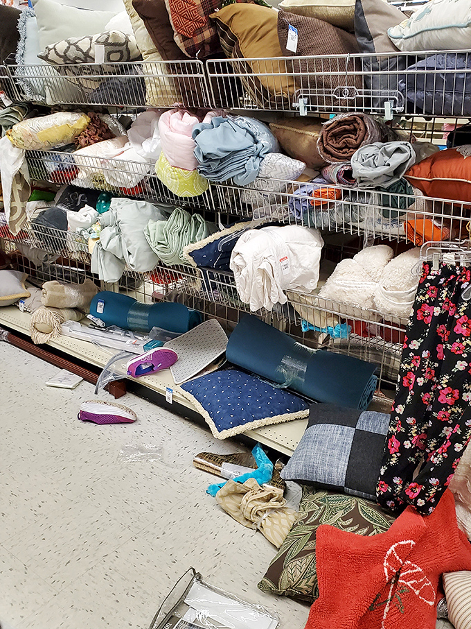 The bedding section resembles a textile waterfall &ndash; pillows, sheets, and comforters cascade down wire bins in a soft avalanche.