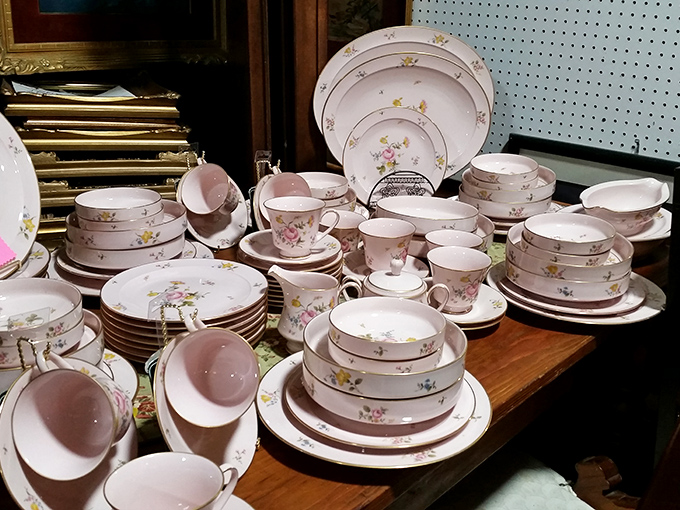 Pink floral china that screams "fancy Sunday dinner in 1962." One purchase and you're suddenly hosting tea parties you never planned.