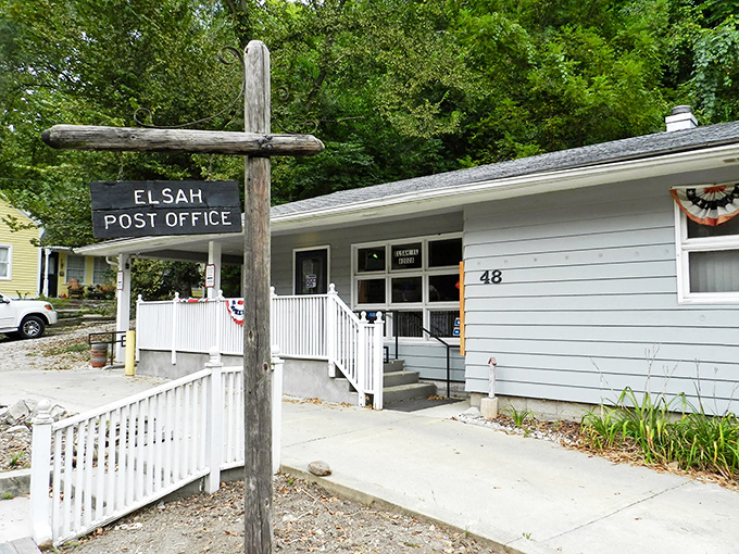 Even Elsah's post office embraces the village's commitment to simplicity &ndash; that wooden sign could have been there since Lincoln's presidency!