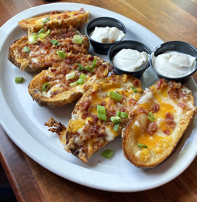 Potato skins loaded with enough toppings to make a baked potato jealous – and worth every calorie.