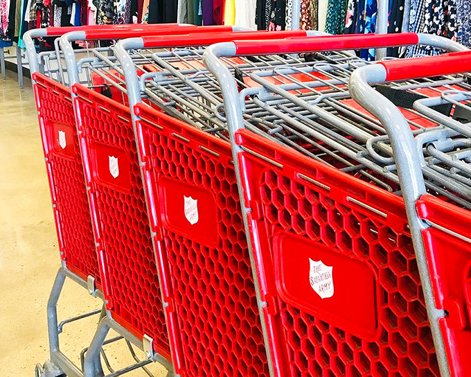The iconic red Salvation Army carts—chariots of thrift that have carried countless treasures from shelf to car throughout Massachusetts.