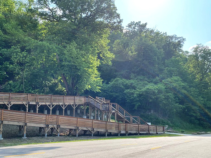 The wooden boardwalk approach to Indian Cave looks like something from an adventure movie set&mdash;Indiana Jones meets Nebraska's natural history.