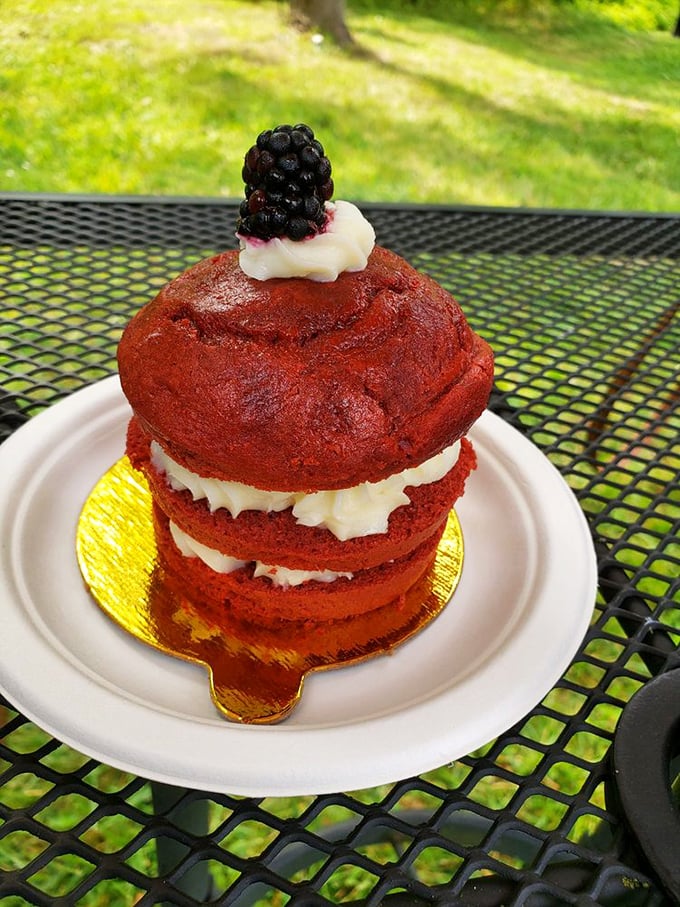 Red velvet cake that's actually worth the calories&mdash;three layers of crimson perfection topped with a blackberry that's not just there for decoration. Go ahead, start with dessert.