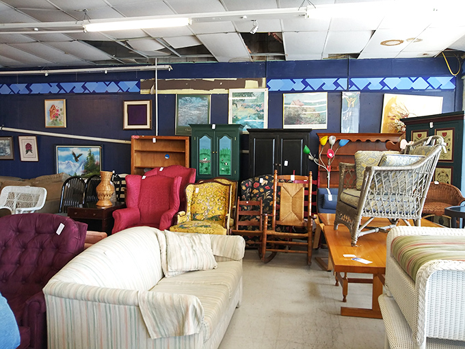 The furniture rainbow room: where purple wingbacks and wicker peacock chairs create the set design for your next eccentric aunt character.
