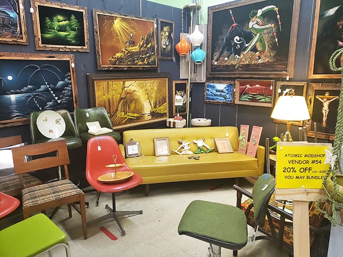 Mid-century modern meets kitschy wall art in this time capsule vignette that screams "1962 rumpus room" in the best possible way.