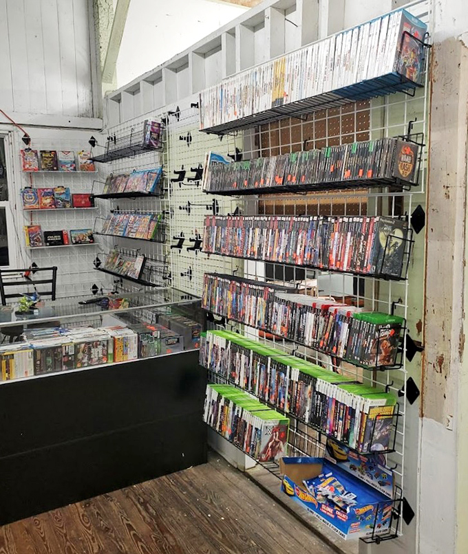 Video games and DVDs line the walls like a nostalgic trip through entertainment history, minus the Blockbuster late fees.