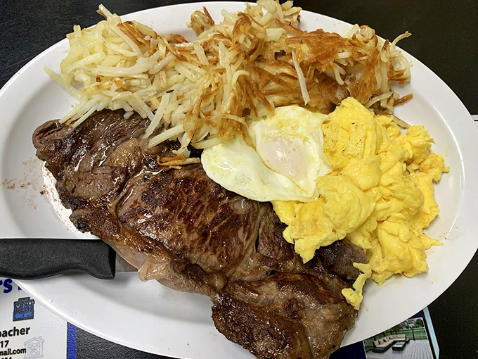 Steak and eggs: the breakfast of champions or the lunch of legends? Either way, those hash browns deserve their own fan club.