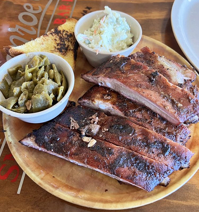 Ribs with that perfect pink smoke ring, green beans, coleslaw, and cornbread – the barbecue quartet that should tour nationally.