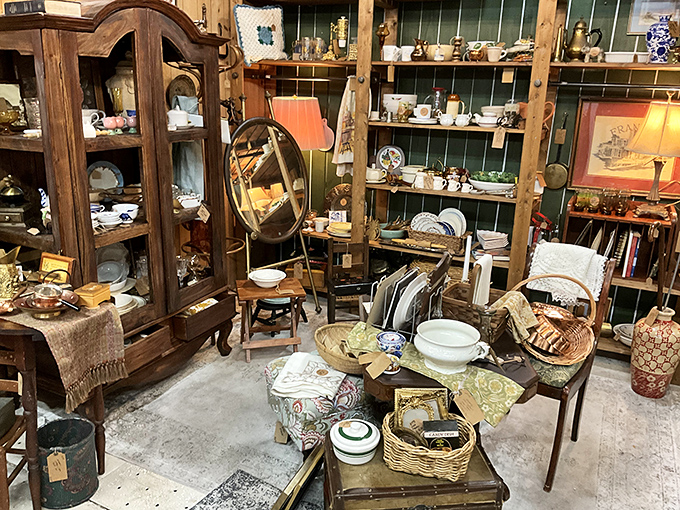 China cabinets and weathered wooden furniture create cozy vignettes where your grandmother's cherished serving pieces find kindred spirits.