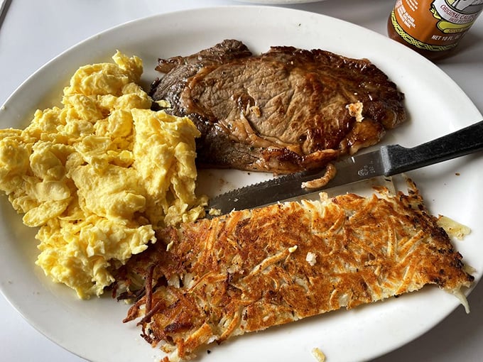 Steak and eggs: the breakfast of champions and anyone who appreciates life's simple pleasures. That hash brown deserves a standing ovation.