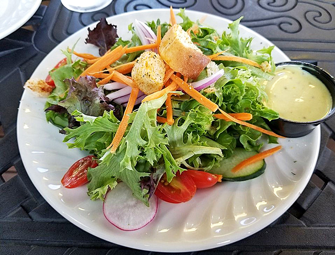 A garden on a plate! This vibrant salad proves that sometimes the simplest pleasures—fresh greens, crisp vegetables, and homemade dressing—are the most satisfying.