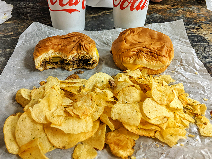The perfect Midwest trifecta: two Maid-Rites, golden potato chips, and ice-cold Coca-Cola. No filter needed for this kind of beauty. 