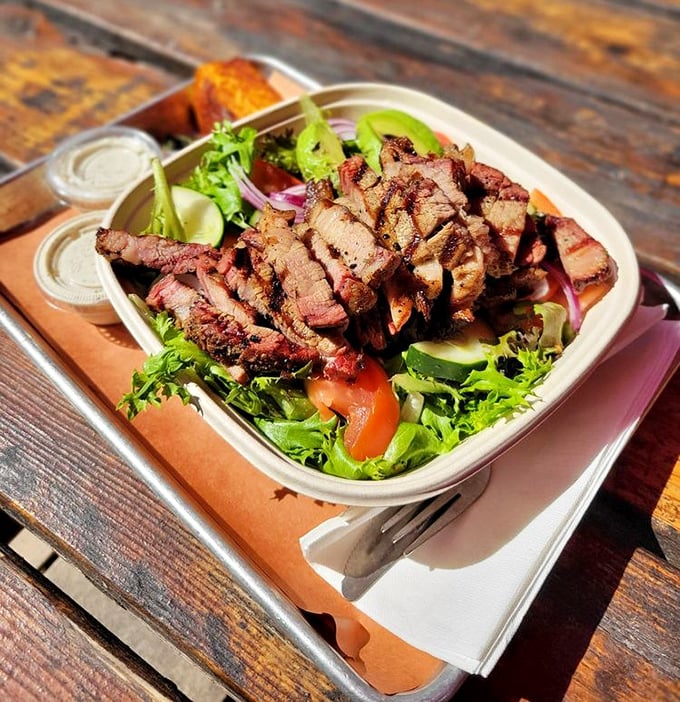 The Santa Maria salad proves vegetables can hang with the big boys &ndash; fresh greens topped with perfectly smoked tri-tip for those pretending to be virtuous.