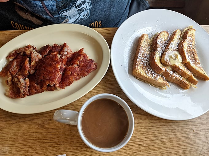 Scrapple and French toast: the breakfast duo that divides families but unites taste buds at this Virginia diner.
