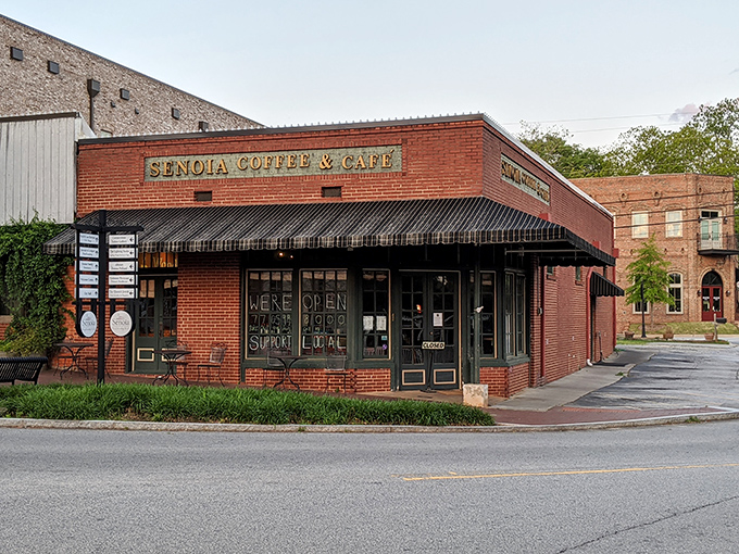 Senoia Coffee & Café's brick exterior and classic awning promise the kind of morning brew that makes you want to linger rather than rush off to appointments.
