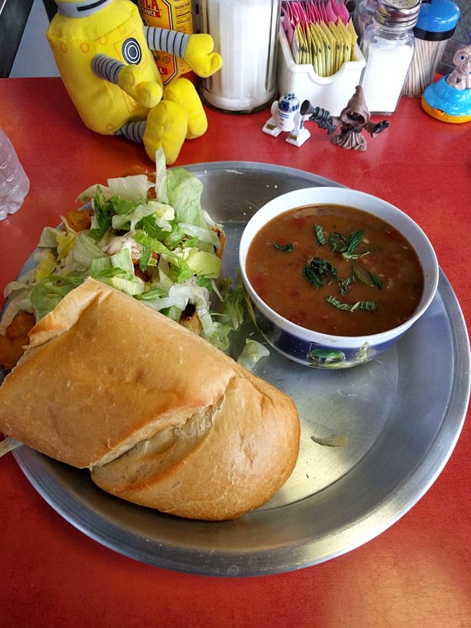 A sandwich that demands both hands and several napkins, paired with a soup that's been simmering since the first Star Wars premiered.