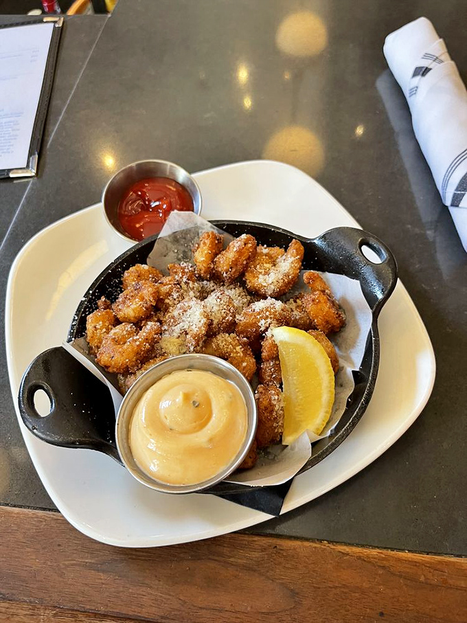 These crispy morsels aren't just fried shrimp&mdash;they're little nuggets of ocean joy, dusted with parmesan and served with dipping sauces for your dunking pleasure.