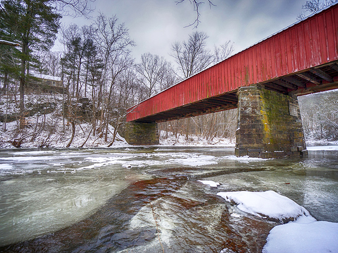 Winter transforms the covered bridge into something from a holiday movie. Just add hot chocolate and you've got a Hallmark moment.