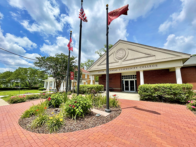 South Arkansas Community College welcomes learners with manicured brick pathways and fluttering flags &ndash; education wrapped in a package prettier than most university campuses.