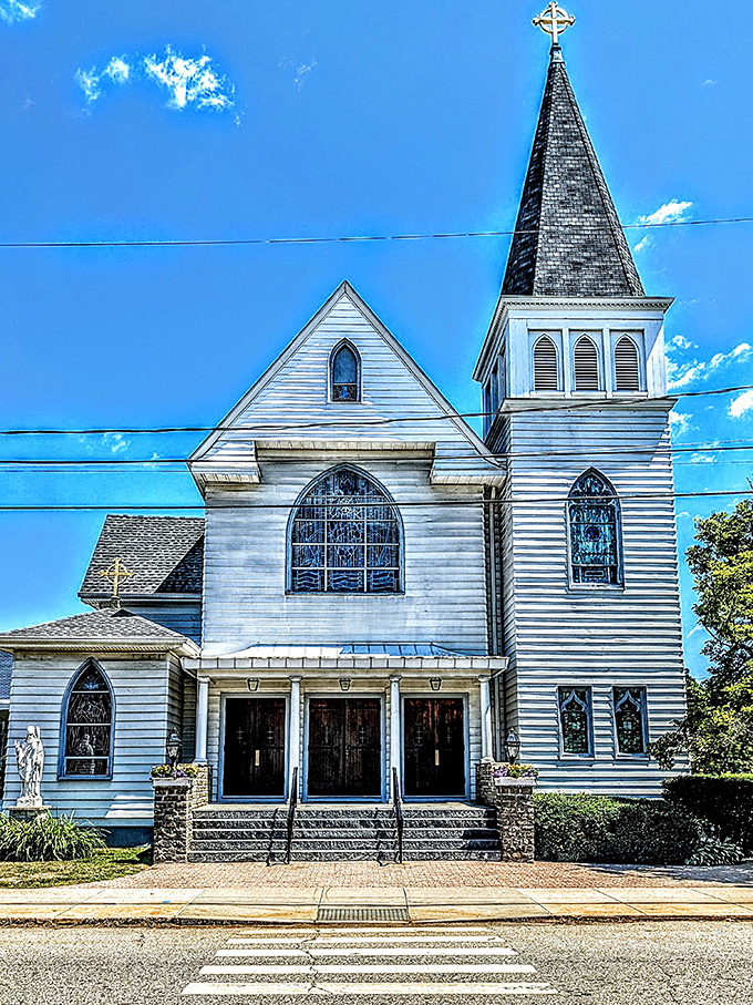 St. Patrick Church reaches skyward with New England restraint&mdash;its white steeple a landmark for both the faithful and the directionally challenged boaters offshore.