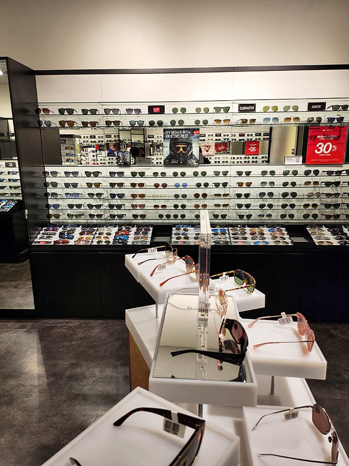 Sunglass Hut's wall of possibilities, where you can channel your inner movie star without needing their Hollywood paycheck.