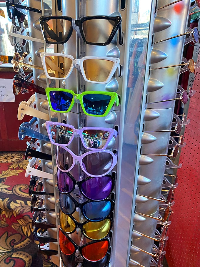 A rainbow of sunglasses from classic black to neon green, offering personality protection for your eyes at thrift store prices.