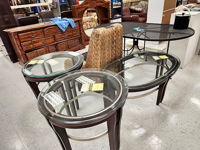 Glass-top tables galore! These elegant pieces could easily command hundreds at furniture boutiques but wait patiently here for savvy shoppers.