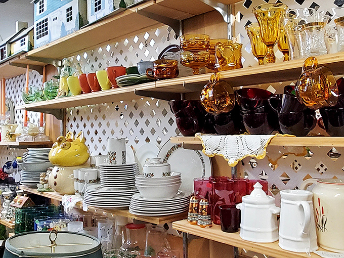Colorful Depression glass catches the light like jewels, while grandmother's china patterns wait patiently for their second act.
