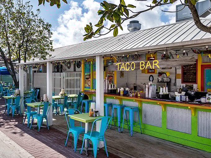 This Taco Bar's vibrant turquoise chairs and festive counter prove that good design and good tacos naturally go together. Color therapy with your salsa!