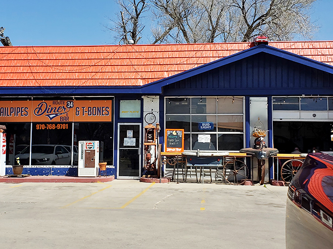 Route 34 Diner's bright blue exterior and orange roof promise comfort food that'll make your cardiologist wince and your taste buds applaud.