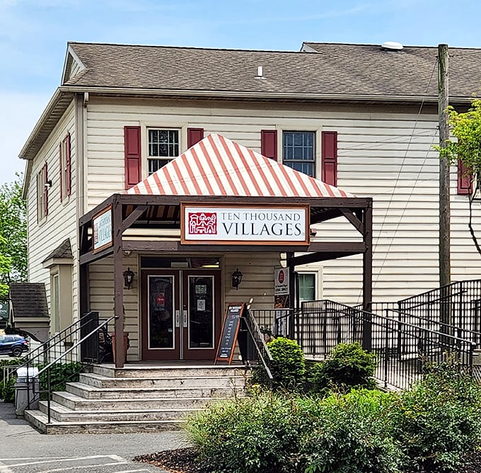 Ten Thousand Villages brings global craftsmanship to small-town Pennsylvania. The striped awning invites you to discover treasures made by artisans from around the world.
