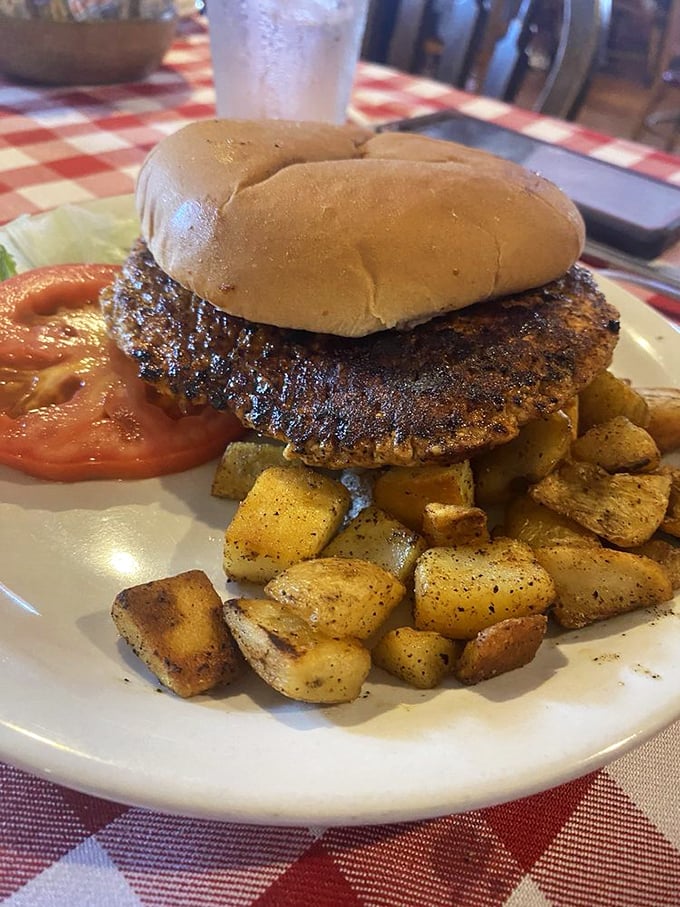The hamburger patty has that perfect char that can only come from a well-seasoned grill that's seen thousands of happy meals.
