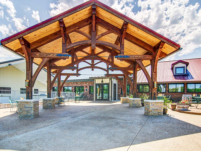 The impressive timber-frame pavilion serves as Rocheport's gathering place, where architecture meets function under Missouri's big blue skies.