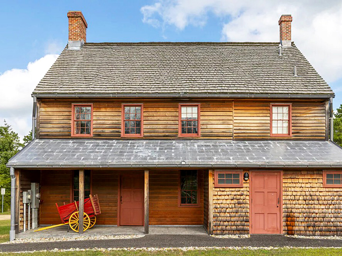 The meticulously preserved Cedar Bridge Tavern stands as a wooden time capsule of colonial architecture, complete with period-appropriate red trim and rustic charm.