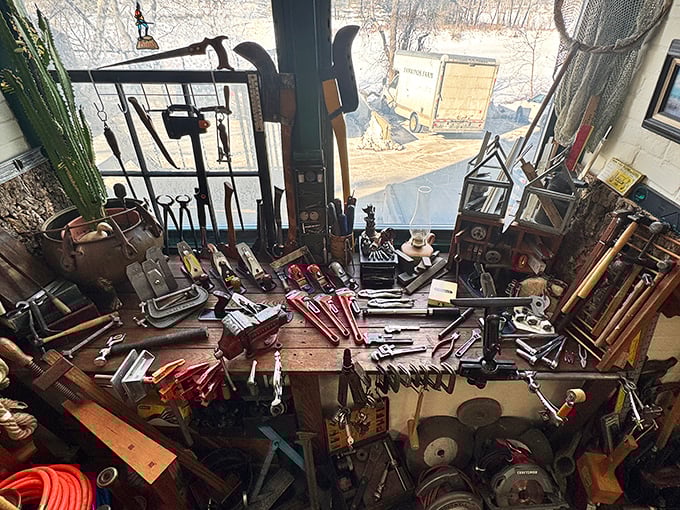 Tool paradise for the serious tinkerer. Somewhere in this magnificent chaos is exactly the implement your grandfather would have known how to use.